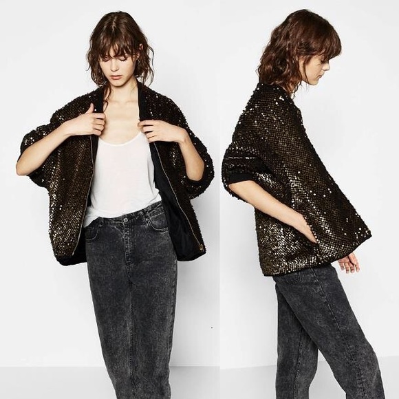 Zara | Jackets & Coats | Zara Fleecy Black Gold Sequined Bomber Jacket ...